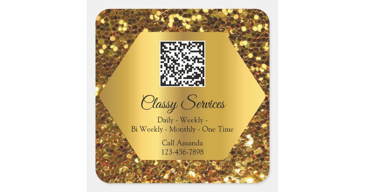 Custom Logo QR Code Gold Frame Name Gold Square Sticker | Zazzle