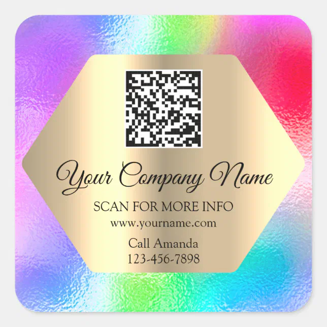 Custom Logo QR Code Promotional Pink Holograph Square Sticker | Zazzle