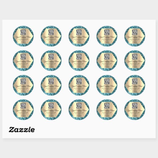 Custom Logo QR Code Promotional Teal Glitter Classic Round Sticker | Zazzle