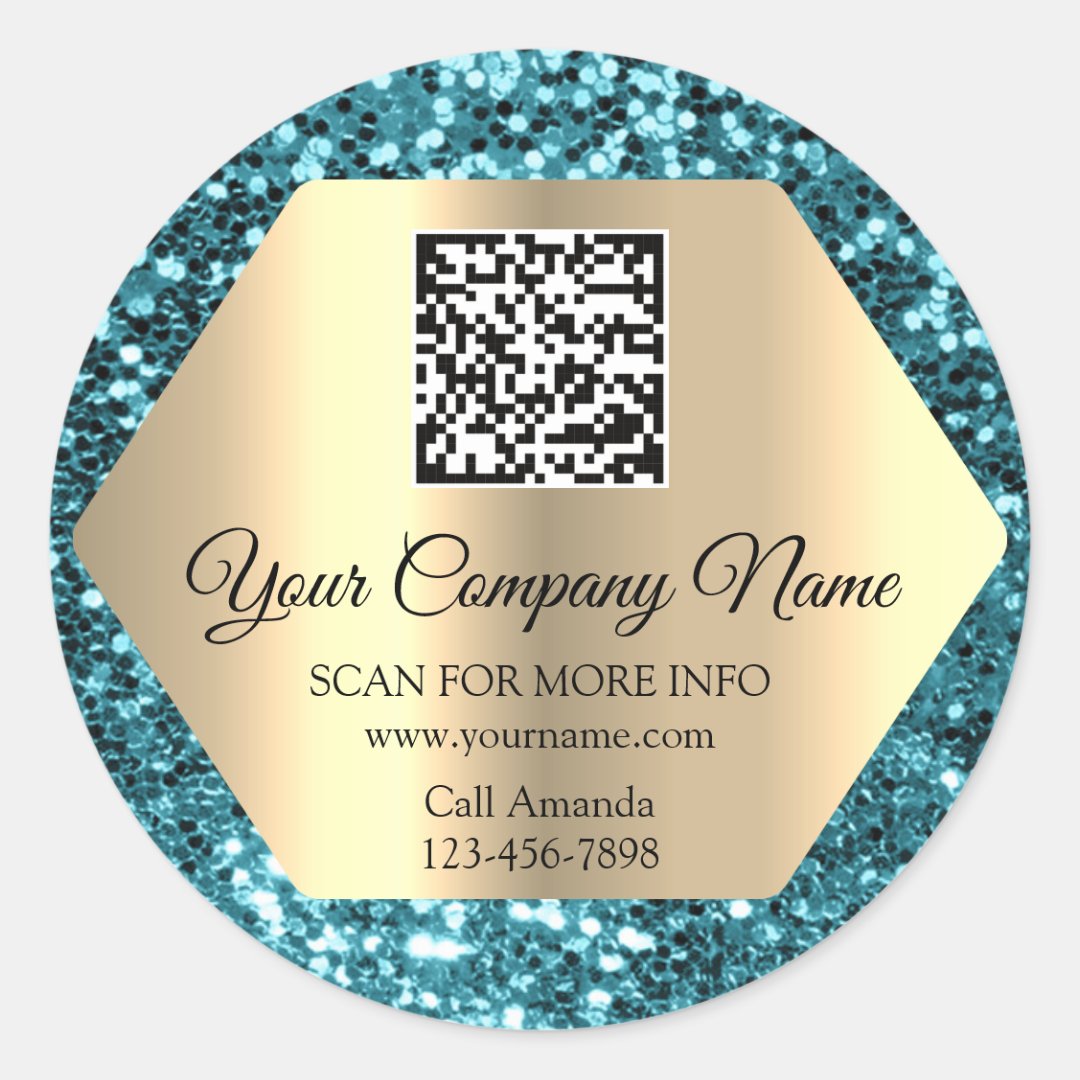 Custom Logo QR Code Promotional Teal Glitter Classic Round Sticker | Zazzle