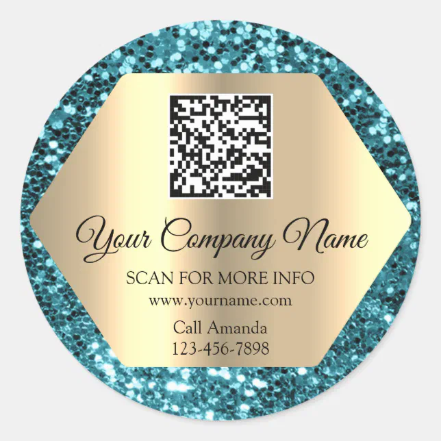 Custom Logo QR Code Promotional Teal Glitter Classic Round Sticker | Zazzle
