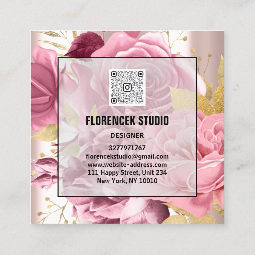 Custom Logo QR CODE Rose Gold Floral Beauty Square Business Card | Zazzle