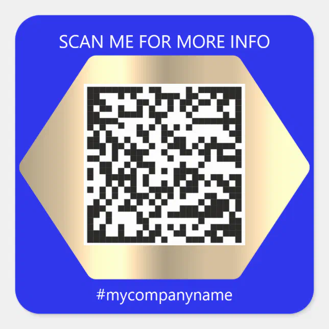 Custom Logo QR Code Scan Me Name Gold Blue Square Sticker | Zazzle
