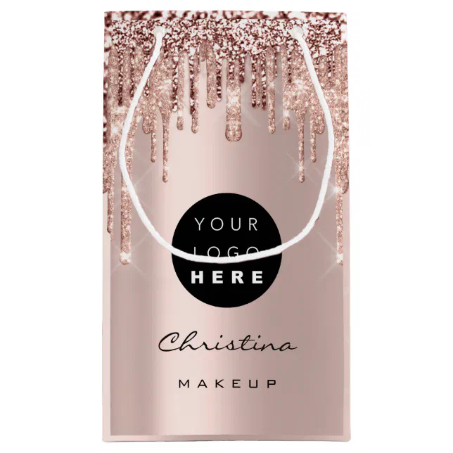 Custom Logo Rose Blush Glitter Drips Name Small Gift Bag | Zazzle