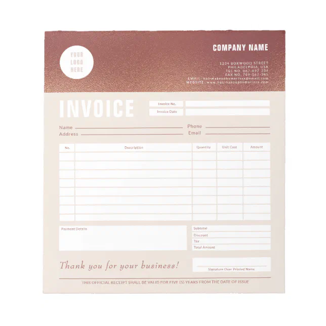 Custom Logo Rose Gold Foil Invoice Form Notepad | Zazzle