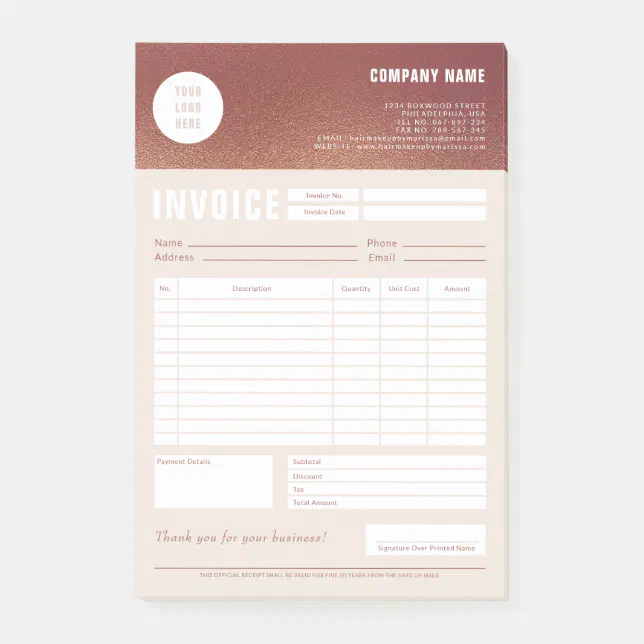 Custom Logo Rose Gold Foil Invoice Form Post-it Notes | Zazzle