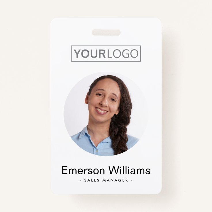 Custom logo round photo white employee name id badge | Zazzle