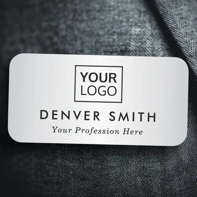 Custom logo satin gray gradient name and title name tag | Zazzle