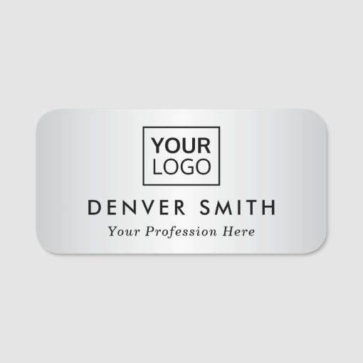 Custom logo satin gray gradient name and title name tag | Zazzle
