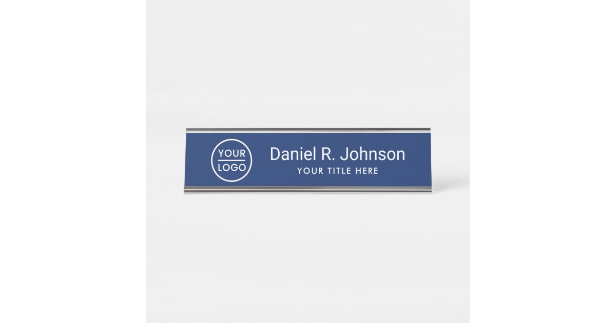 Custom logo simple navy blue desk name plate | Zazzle