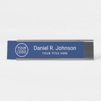 Custom logo simple navy blue desk name plate | Zazzle