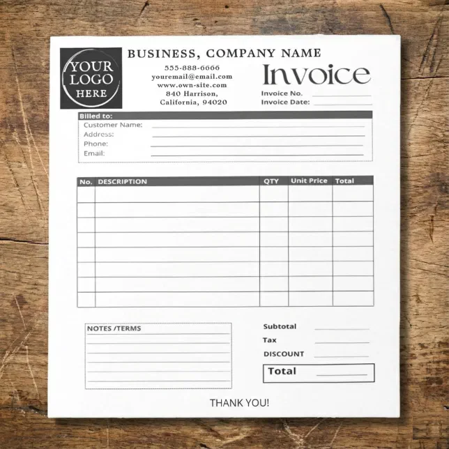 Custom Logo Small Business Invoice Sales Receipt N Notepad | Zazzle