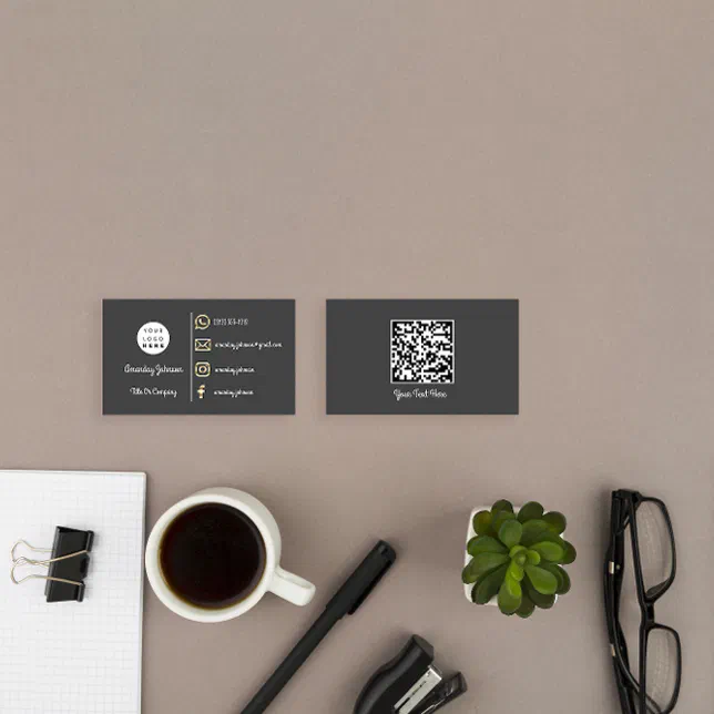 Custom Logo Social Media Gold QR Code Gray Business Card | Zazzle