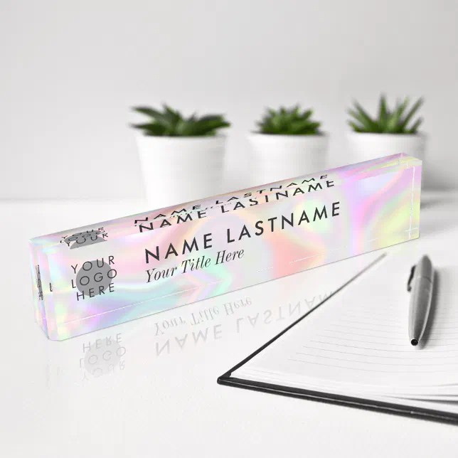 Custom Logo Stylish Holographic Modern Pastels Desk Name Plate | Zazzle