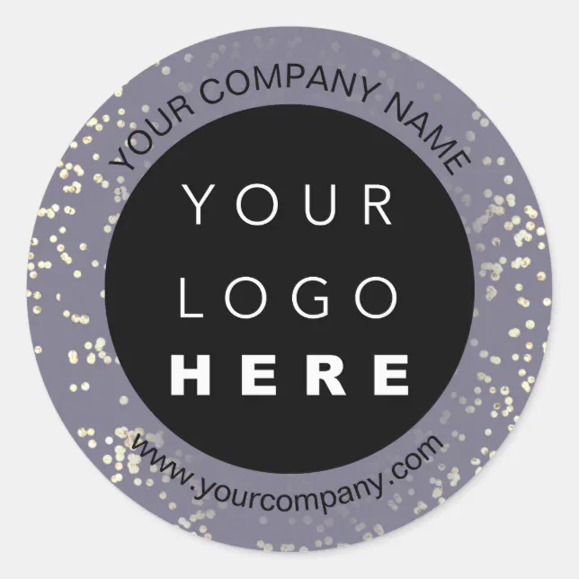 Custom Logo Text Name Gold Confetti Smoky Purple Classic Round Sticker ...