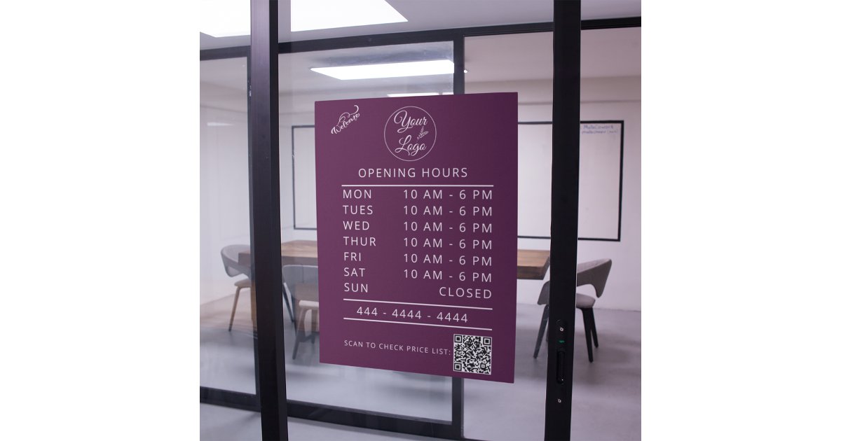 Custom Logo White Business Opening Hours & QR Code Window Cling | Zazzle