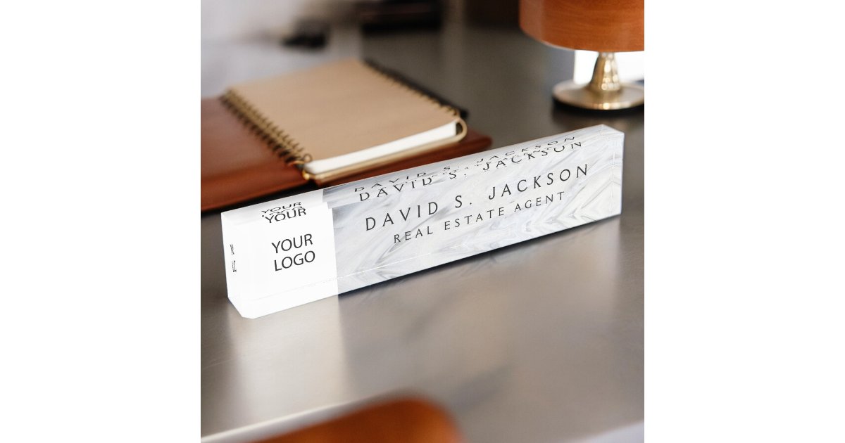 Custom Logo White Grey Marble Elegant Professional Desk Name Plate | Zazzle