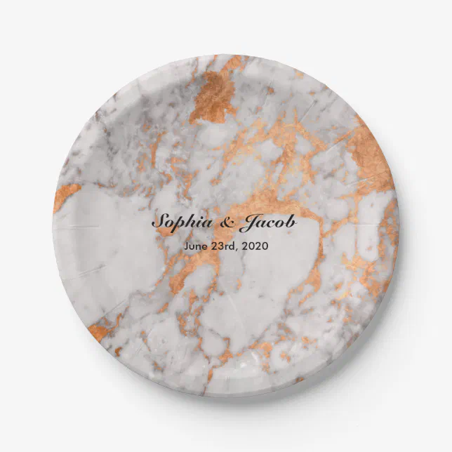 Custom Marble & Copper Wedding Paper Plates | Zazzle