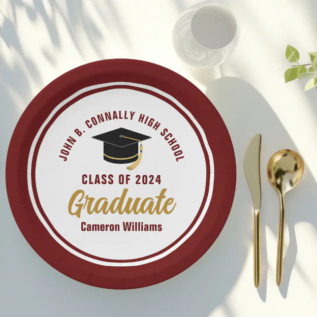 Custom Maroon Gold Graduate 2025 Graduation Party Paper Plates | Zazzle