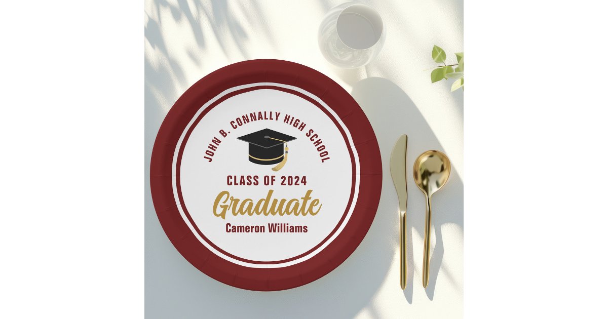 Custom Maroon Gold Graduate 2026 Graduation Party Paper Plates | Zazzle