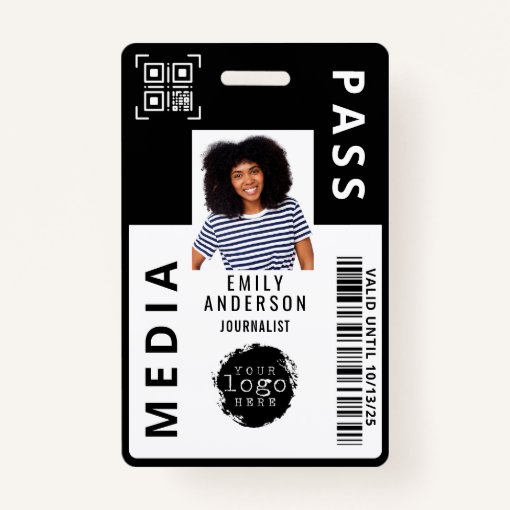 Custom Media Pass Photo ID Business Logo | Black Badge | Zazzle