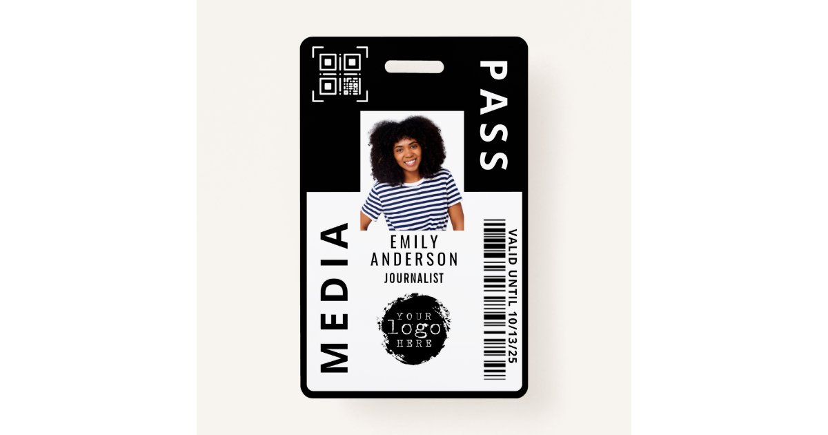 Custom Media Pass Photo ID Business Logo | Black Badge | Zazzle
