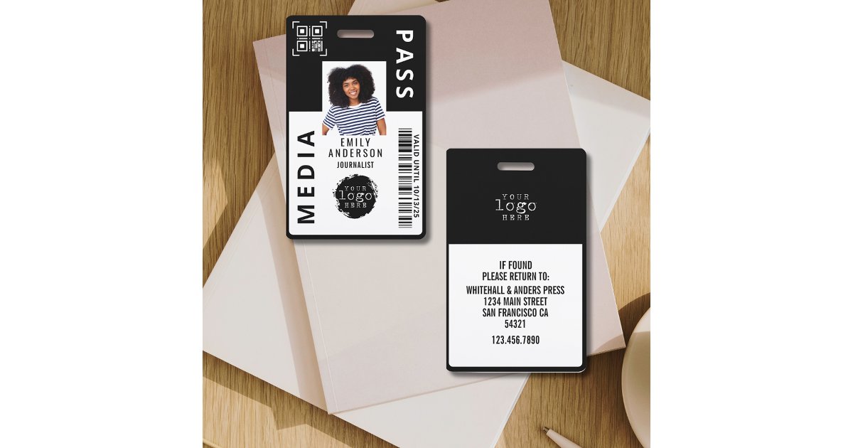 Custom Media Pass Photo ID Business Logo | Black Badge | Zazzle