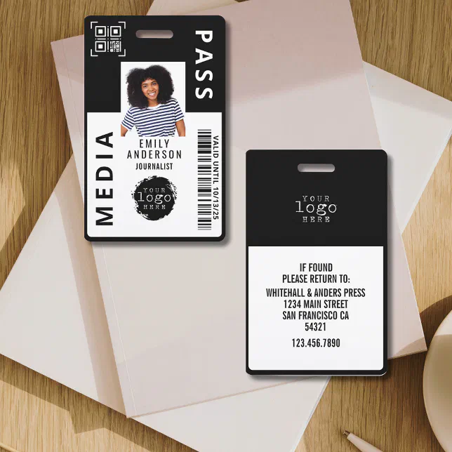 Custom Media Pass Photo ID Business Logo | Black Badge | Zazzle