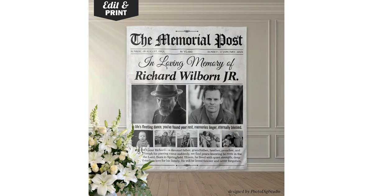 Custom Memorial Newspaper Backdrop with Photos | Zazzle