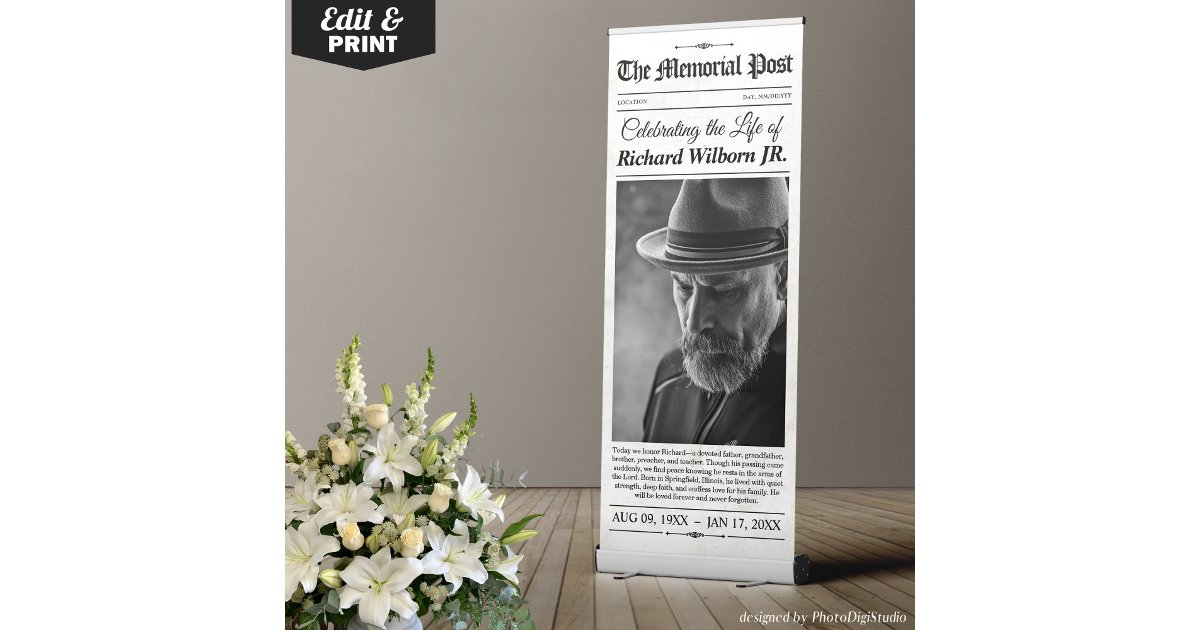 Custom Memorial Newspaper In Loving Memory Funeral Retractable Banner ...