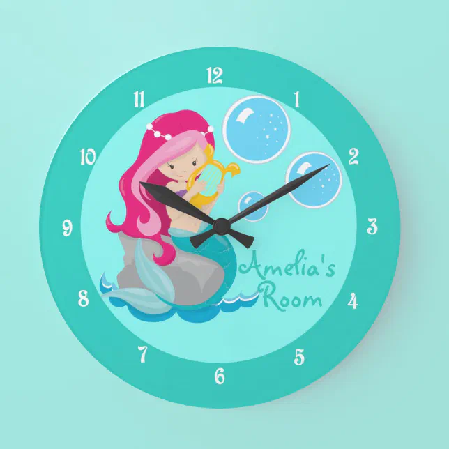 Custom Mermaid Girl Teal Large Clock | Zazzle