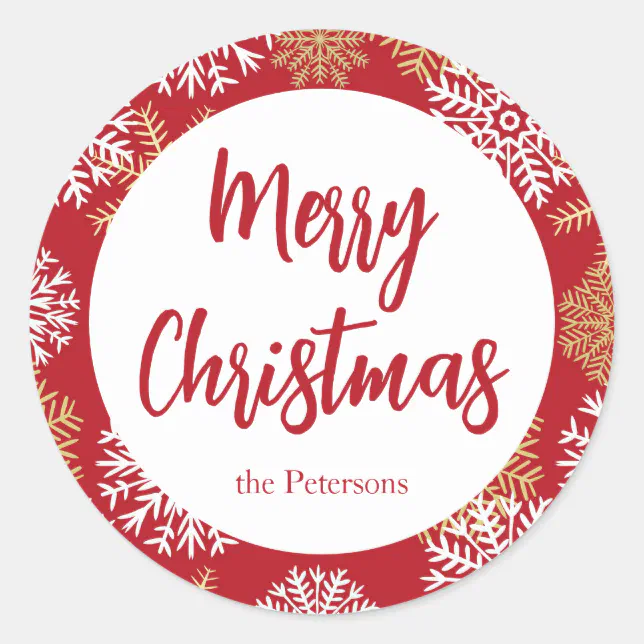 Custom Merry Christmas Red Winter Snowflakes Classic Round Sticker | Zazzle