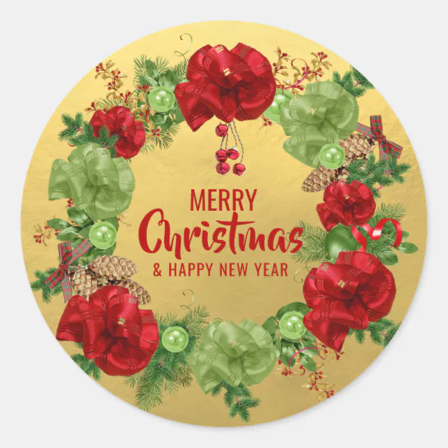 Custom MERRY CHRISTMAS Wreath Red Green GOLD Classic Round Sticker | Zazzle