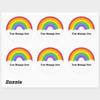 Custom Message Round Rainbow and Clouds Classic Round Sticker | Zazzle