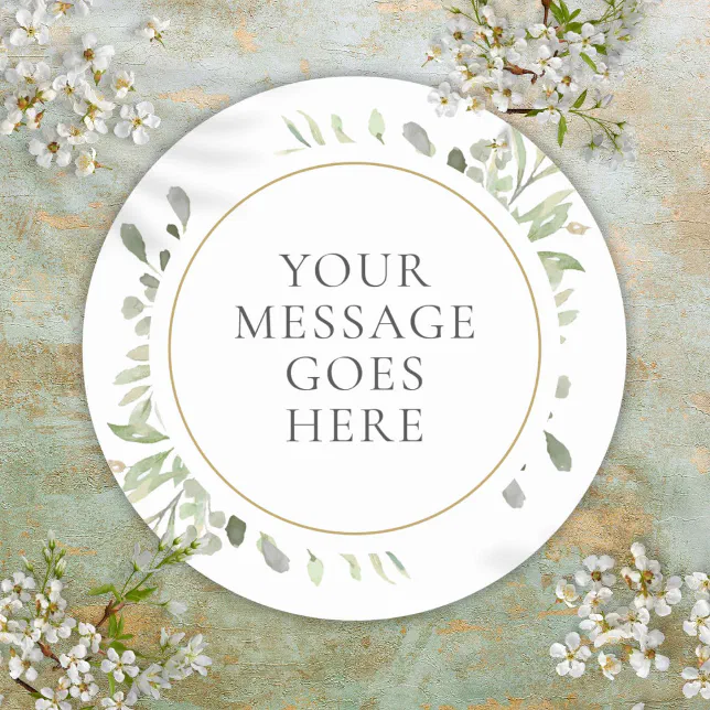 Custom Message Watercolor Leaves Greenery Wedding Classic Round Sticker ...