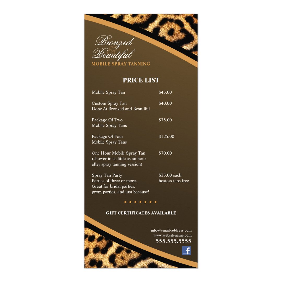 CUSTOM Mobile Spray Tanning Price List Rack Card | Zazzle