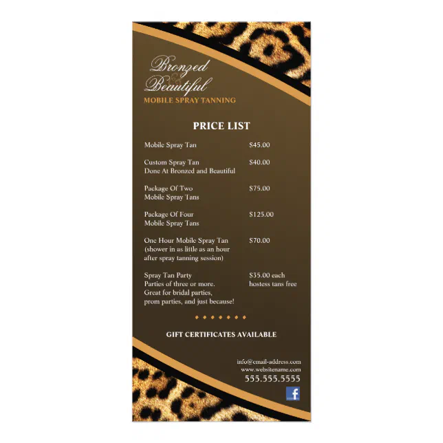 CUSTOM Mobile Spray Tanning Price List Rack Card | Zazzle