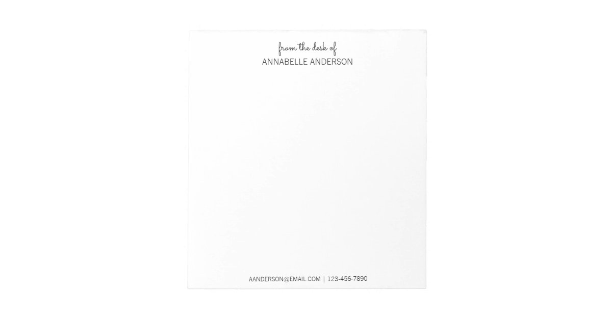 Custom Modern Black Script From The Desk of Name Notepad | Zazzle