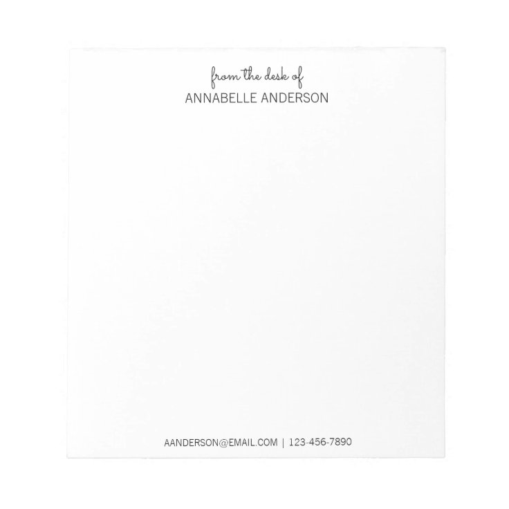Custom Modern Black Script From The Desk of Name Notepad | Zazzle