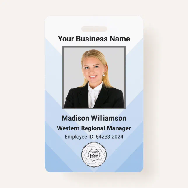Custom Modern Blue White Business Employee Photo Badge | Zazzle