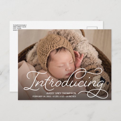 Custom Modern Calligraphy Introducing Baby Photos Postcard | Zazzle