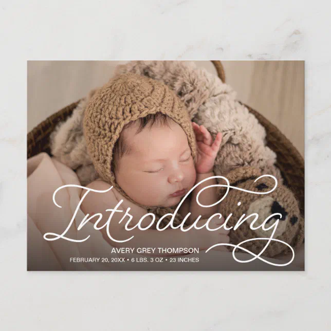 Custom Modern Calligraphy Introducing Baby Photos Postcard | Zazzle