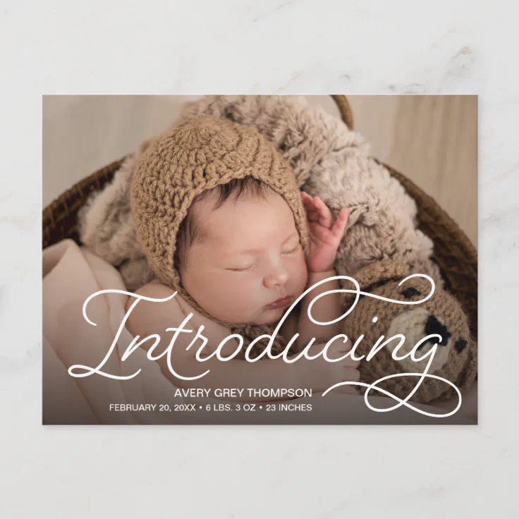 Custom Modern Calligraphy Introducing Baby Photos Postcard | Zazzle