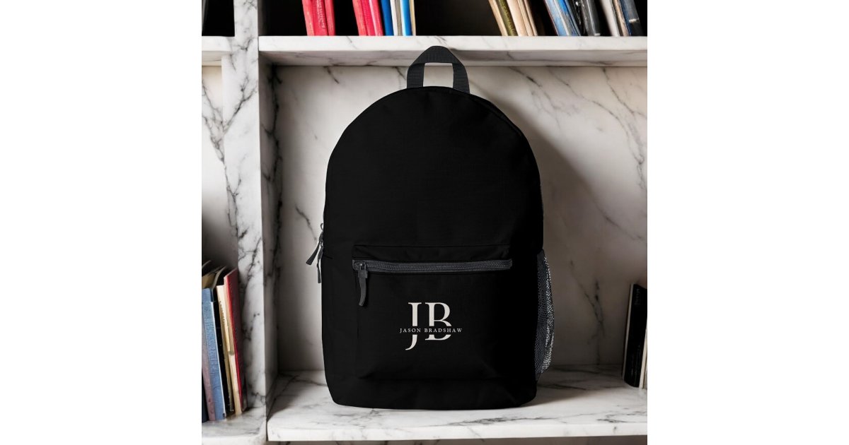 Custom Modern Elegant Monogram and Name Black Printed Backpack | Zazzle