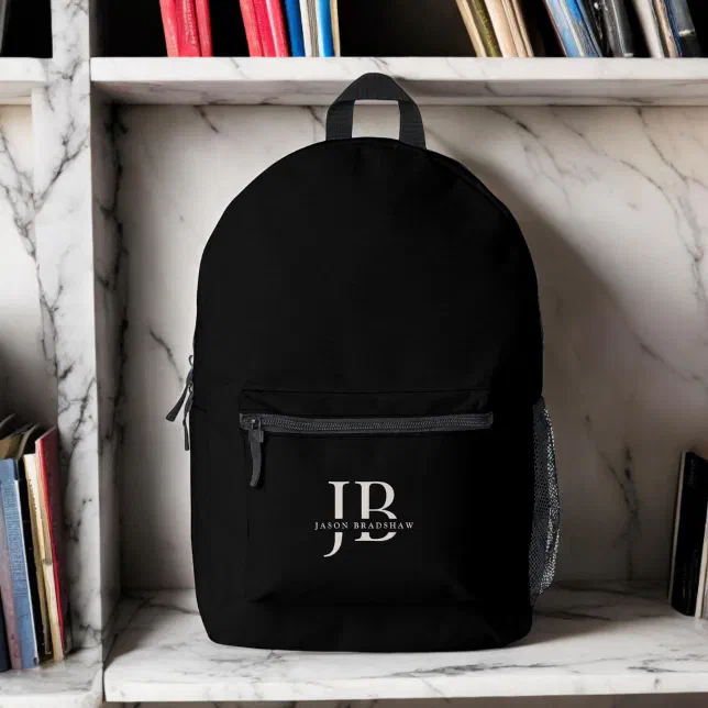 Custom Modern Elegant Monogram and Name Black Printed Backpack | Zazzle