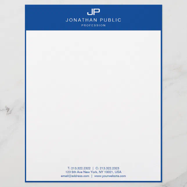 Custom Modern Monogram Initial Template Blue White Letterhead | Zazzle