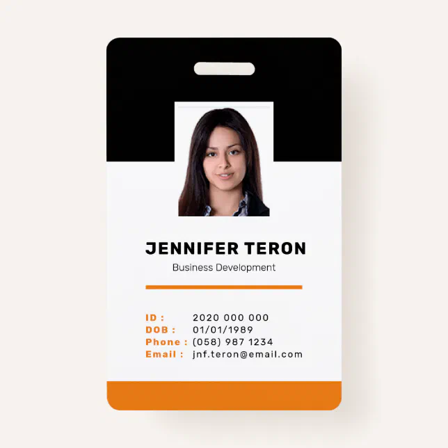 Custom Modern Orange Employee ID Card with barcode Badge | Zazzle