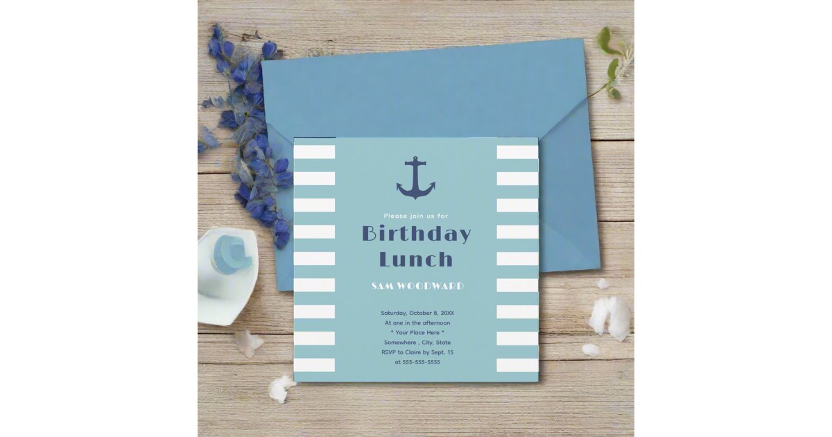 Custom Modern Stripe Nautical Birthday Lunch Blue Invitation | Zazzle