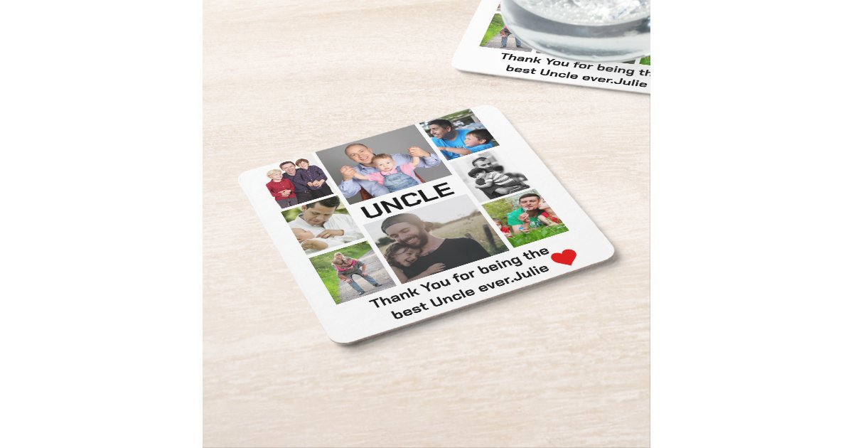 Custom modern Uncle 8 Photo Collage Square Paper Coaster | Zazzle