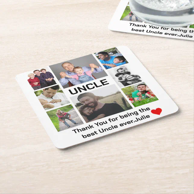 Custom modern Uncle 8 Photo Collage Square Paper Coaster | Zazzle